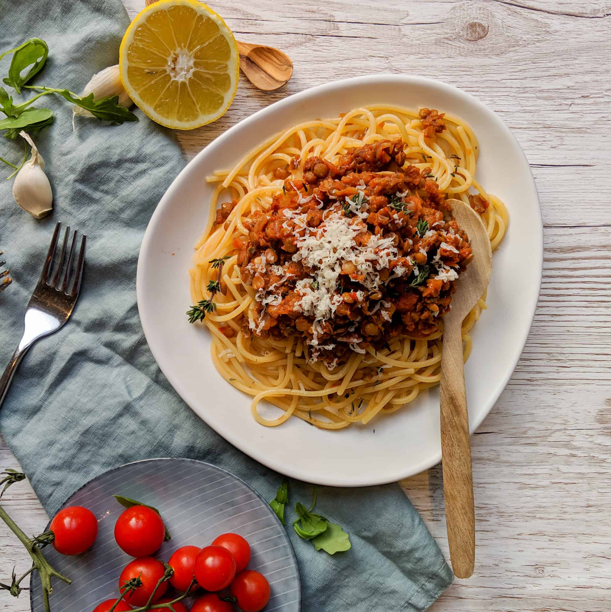 Hearty Lentil Bolognese with Spaghetti - By The Forkful